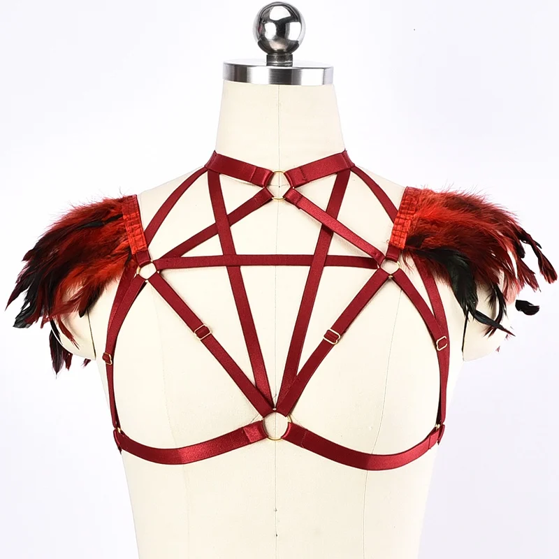 PENTAGRAM-HARNESS-Very-Beautiful-Red-Feather-Epaulette-Body-Harness ...