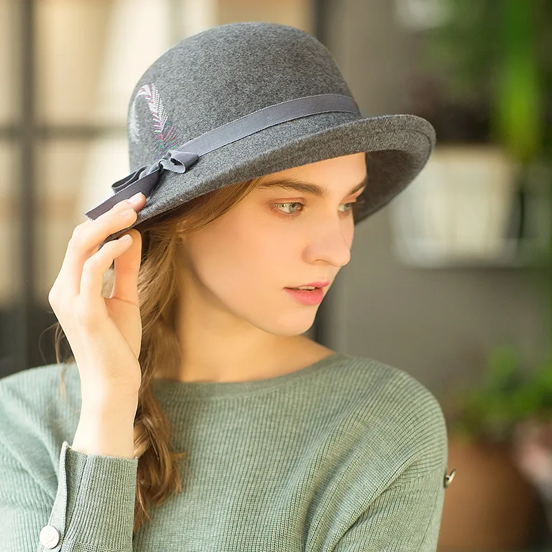Lady Wool Fedoras Hats Girls Winter Warm Dome Caps Fashion Embroidery ...
