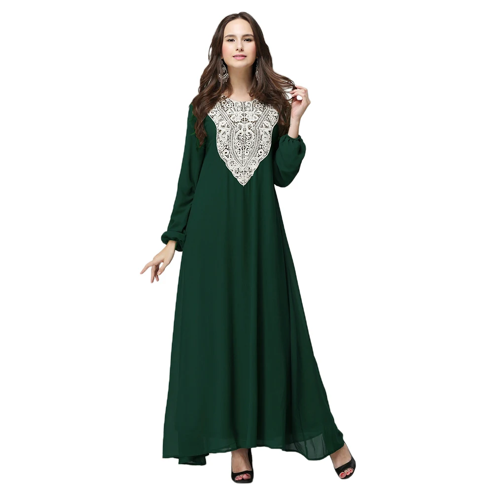 Islamic Dress for Women Chiffon Muslim Maxi Dresses Lace Hook Flowers ...