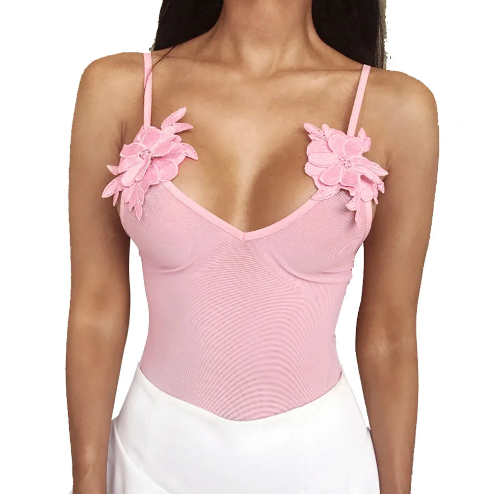 2017 Sexy Deep V Neck Mesh Bodysuit Women Flower Spaghetti Strap See
