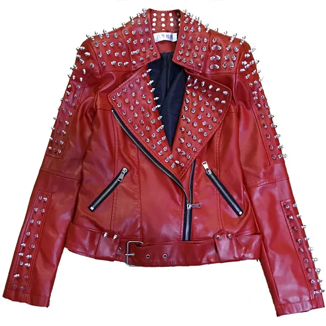 Red Punk Studded Leather Jacket Women Slim Rivets Washed PU Street ...