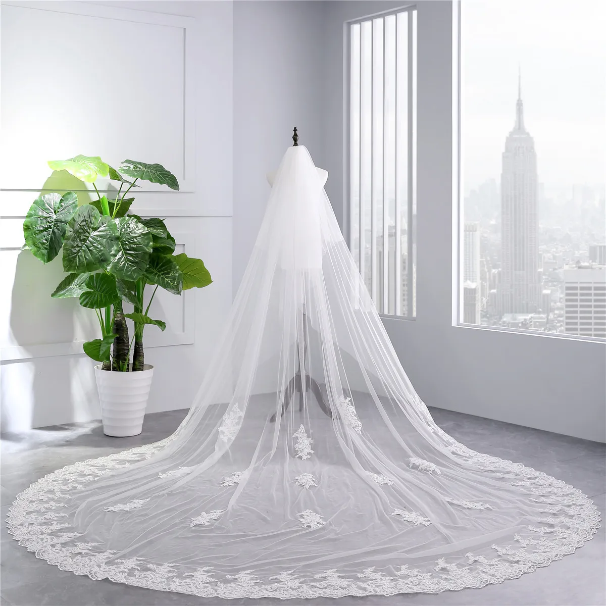 2019 Voile 3.5 Meter veil Two Layer Lace Edge Ivory White Cathedral ...