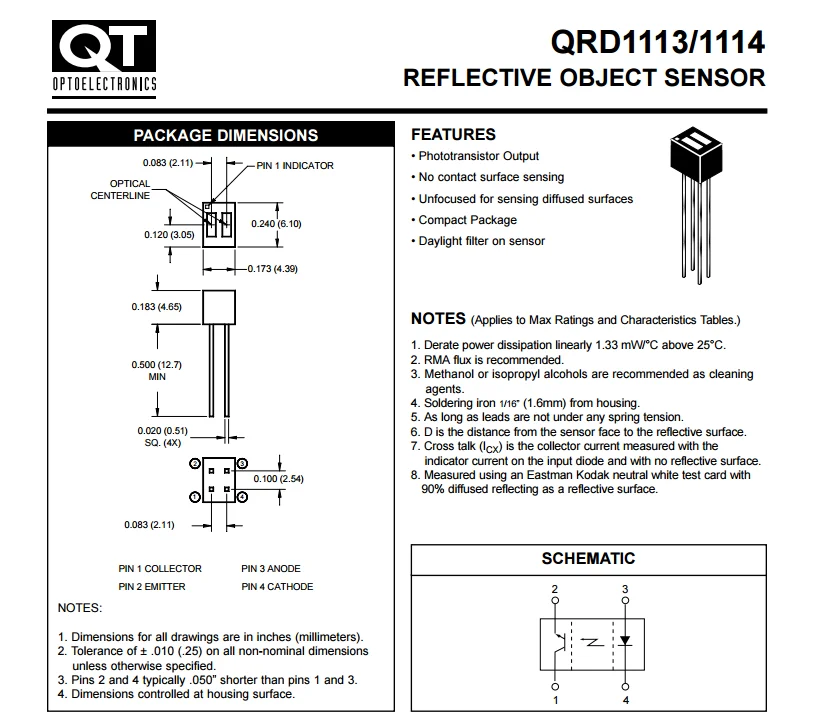 QRD1114 Reflective Object Sensor for diffused surfaces