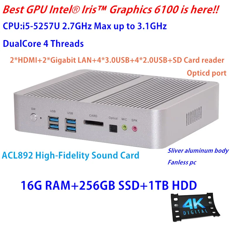 Top GPU Iris HD 6100 Broadwell Intel Core i5-5257u Fanless Gaming Mini ...