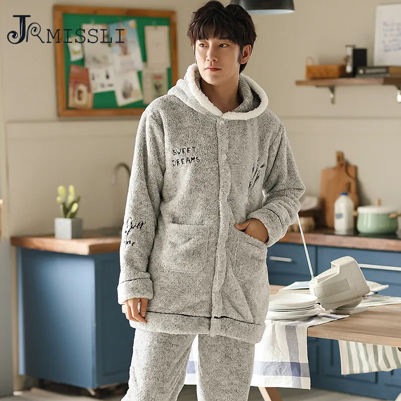 New Men Winter Fleece Home Pyjamas Korean Casual Home Clothes Pajamas