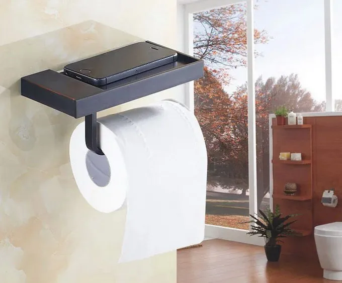 Soporte de rollo de papel higiénico para baño, accesorio de pared cuadrado de latón frotado con ...