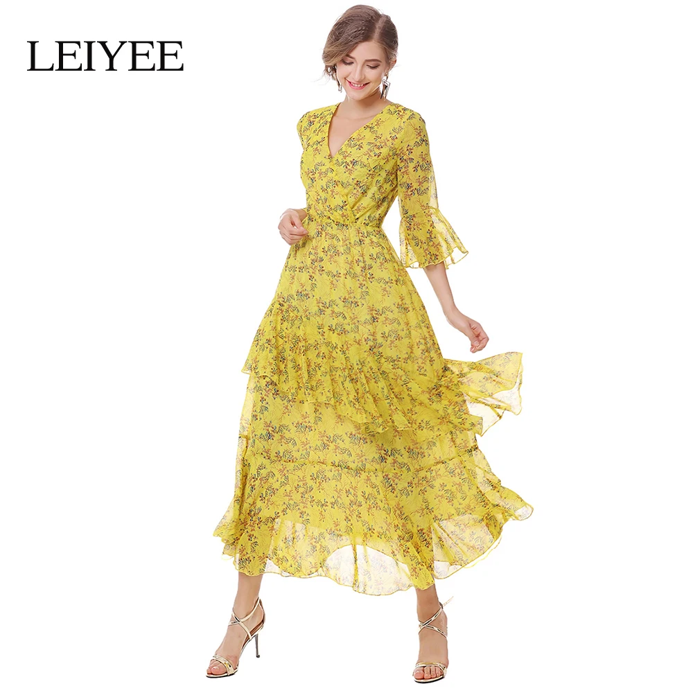 Leiyee Yellow Chiffon Floral Long Maxi Dress Boho V Neck 3 4 Flare