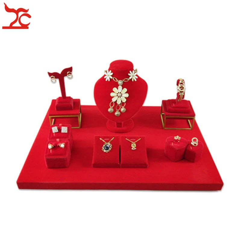 Luxury Red Velvet Jewelry Display Showcase Necklace Bangle Ring ...