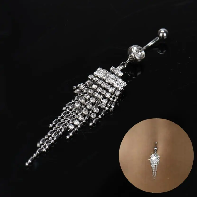 Hot Rhinestone Tassel Navel Dangle Button Belly Ring Bar Body Piercing