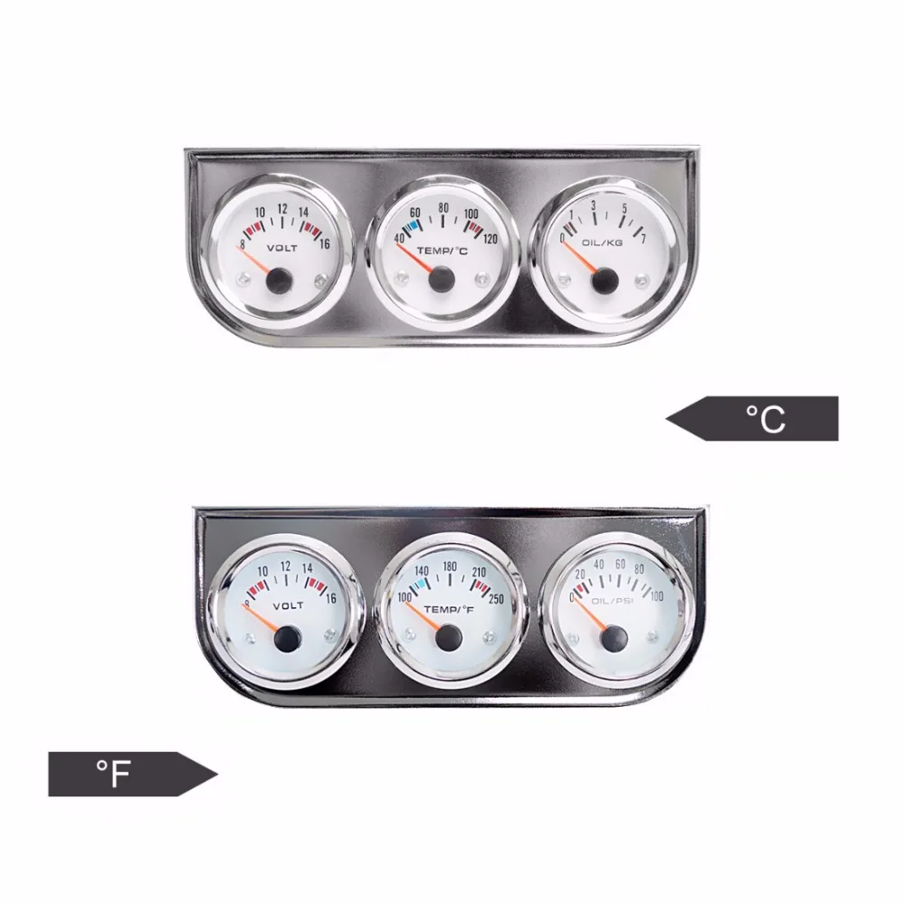 DRAGON GAUGE Triple Gauge Kit Volts Water Temp Celsius/Fahrenheit Oil ...