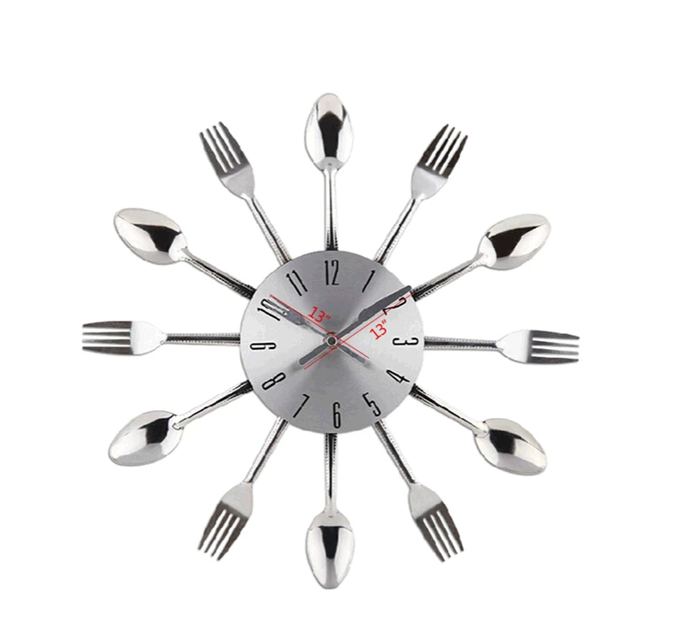 Modern Design Watch Wall Clock Silver Kitchen Wall Clocks Spoon Fork ...