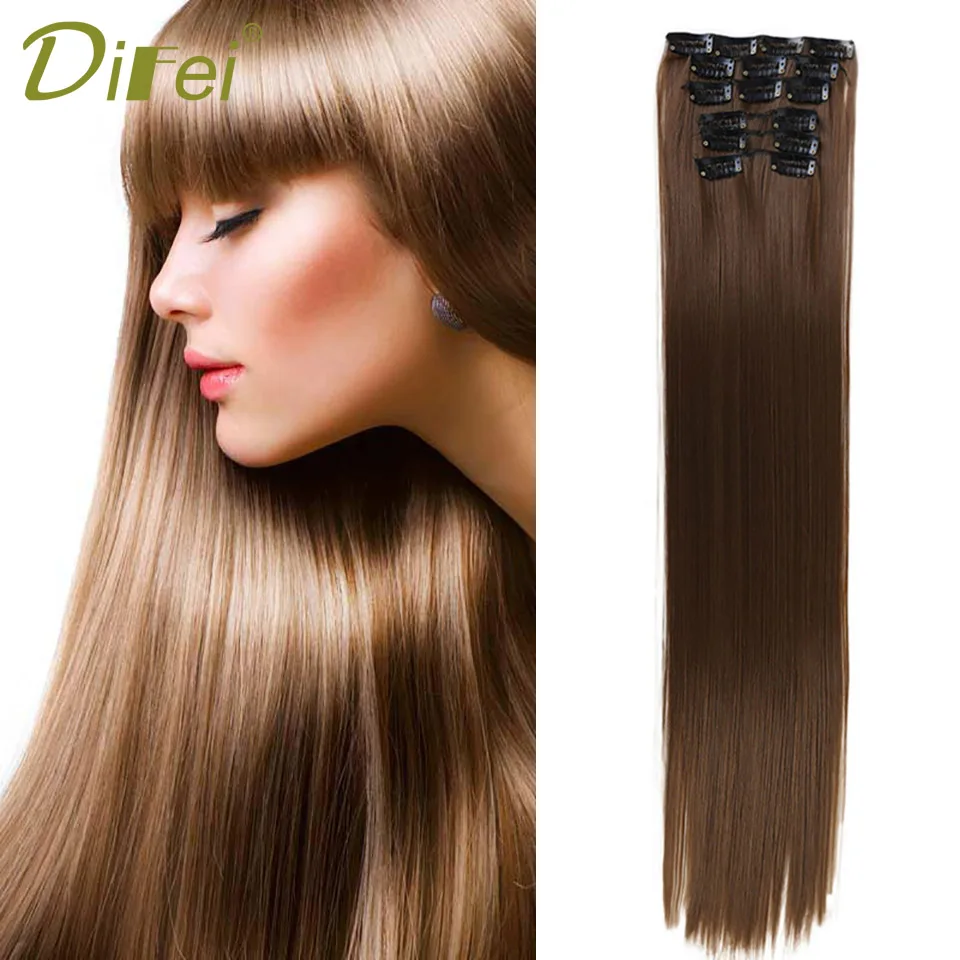 DIFEI Long Straight False Hair 16 Clips in Hair Extension 24 Inch ...
