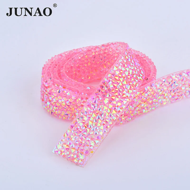 JUNAO 5 Yard*15mm Pink Crystal AB Rhinestones Chain Trim Hotfix Strass ...