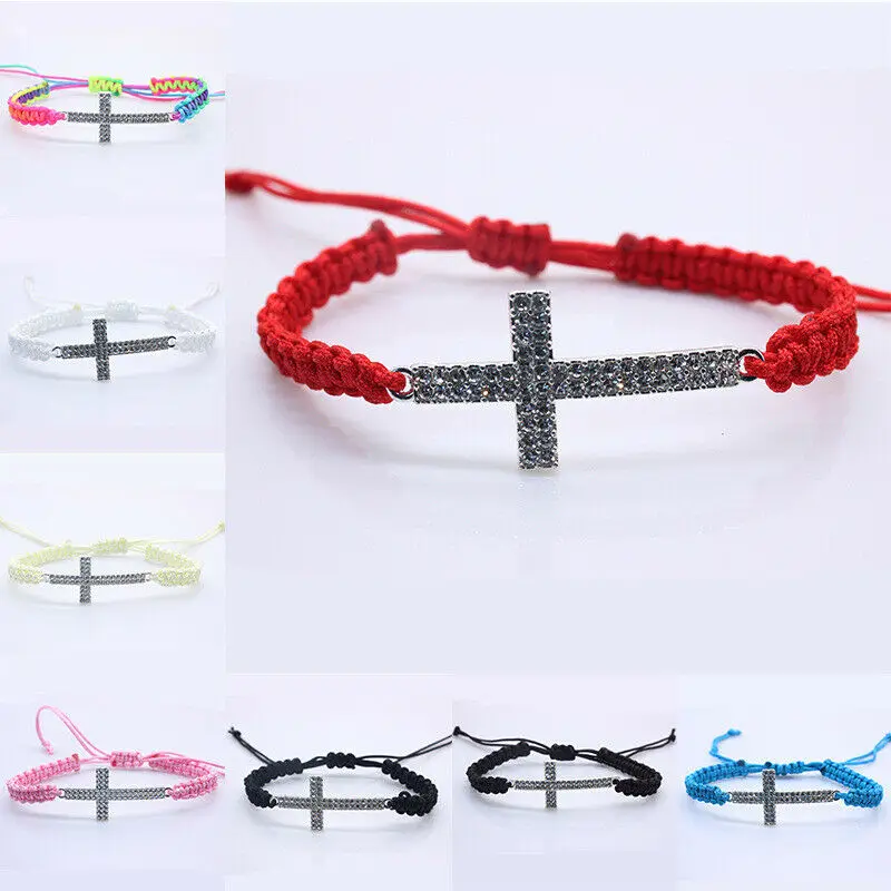 Handmade Religion Rhinestone Cross Red Cord String Bracelet Weaved Rope ...