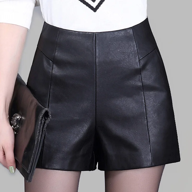 Women Winter Pu Leather Sexy Shorts 2017 New Autumn Wide Leg Flare