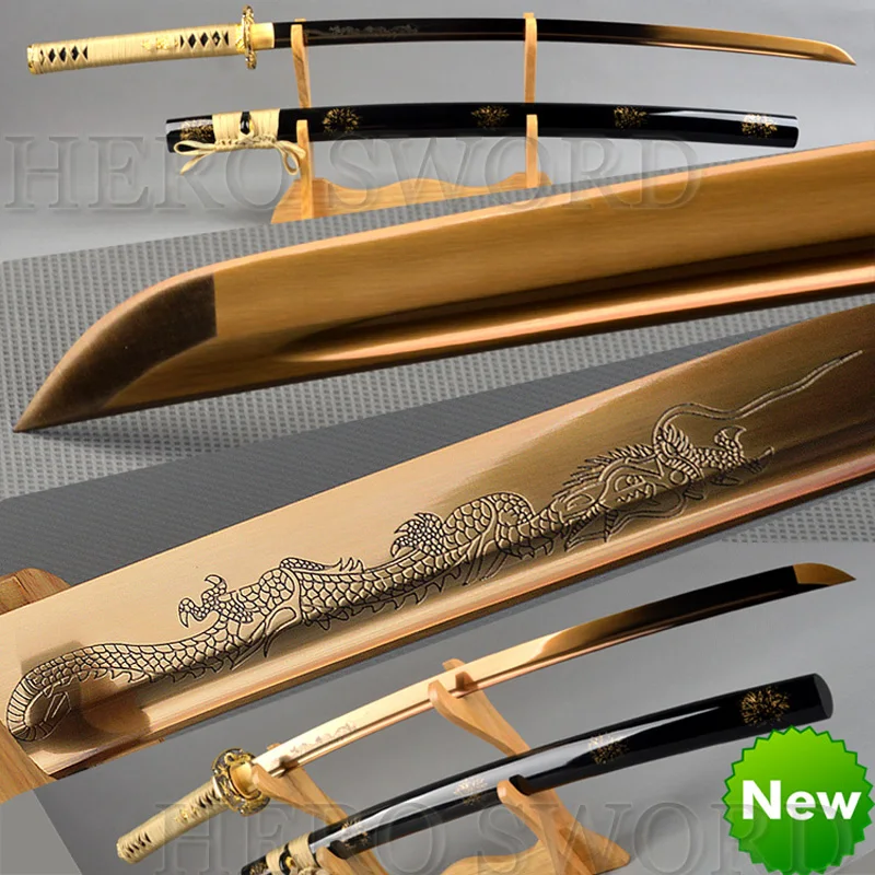 Handmade Gold Dragon Japanese Samurai Sword T10 Full Tang Blade Katana ...