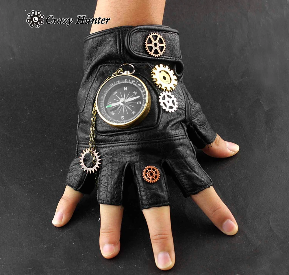 Steampunk Cosplay Compass Gears Fingerless Real Leather Gloves Men ...