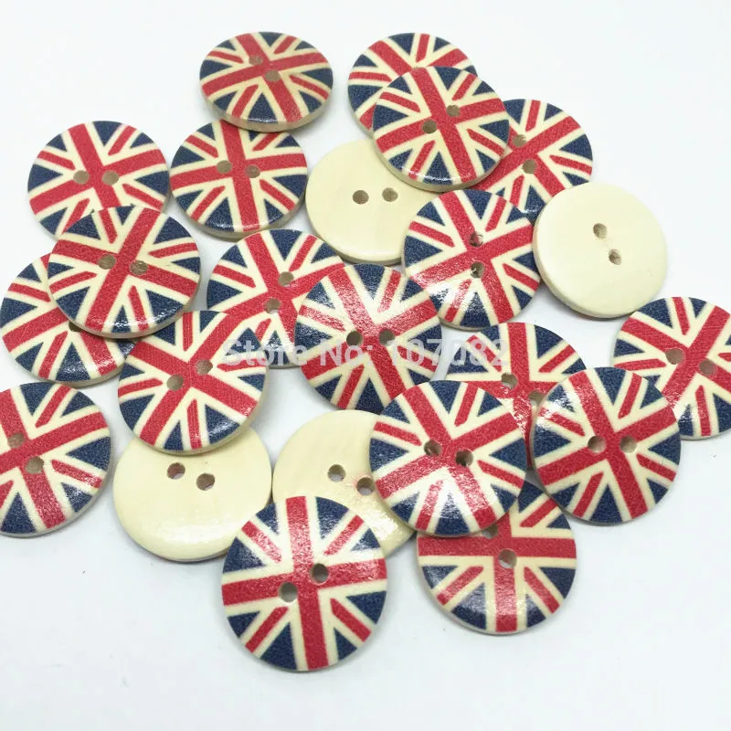 100pcs 20mm Natural Uk England British Flag Wood Buttons Sewing 2 Holes ...