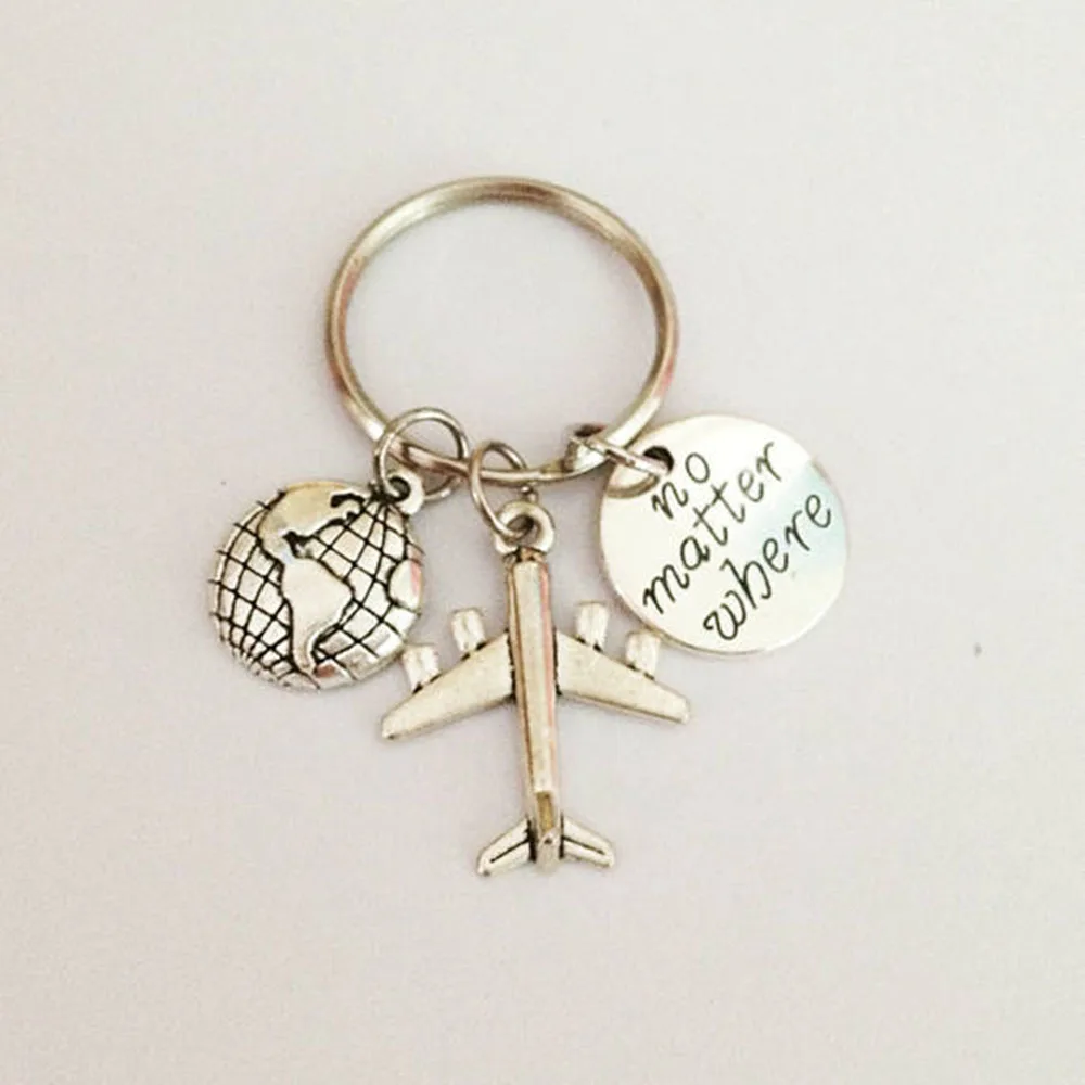 Yamily 12pcs/lot no matter where keychain Antique silver Aircraft globe ...