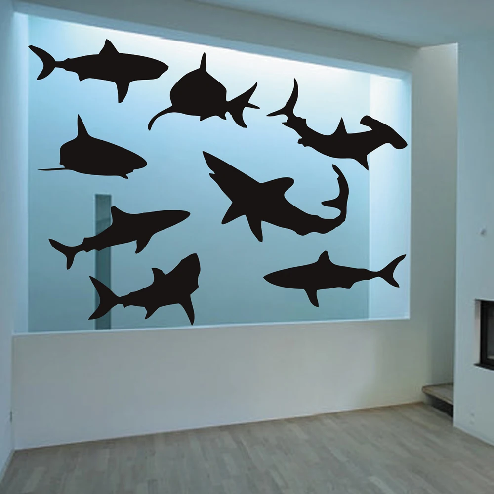 BATTOO Shark Large Wall Decals Set of Nine Sharks Sticker Beach Decor ...