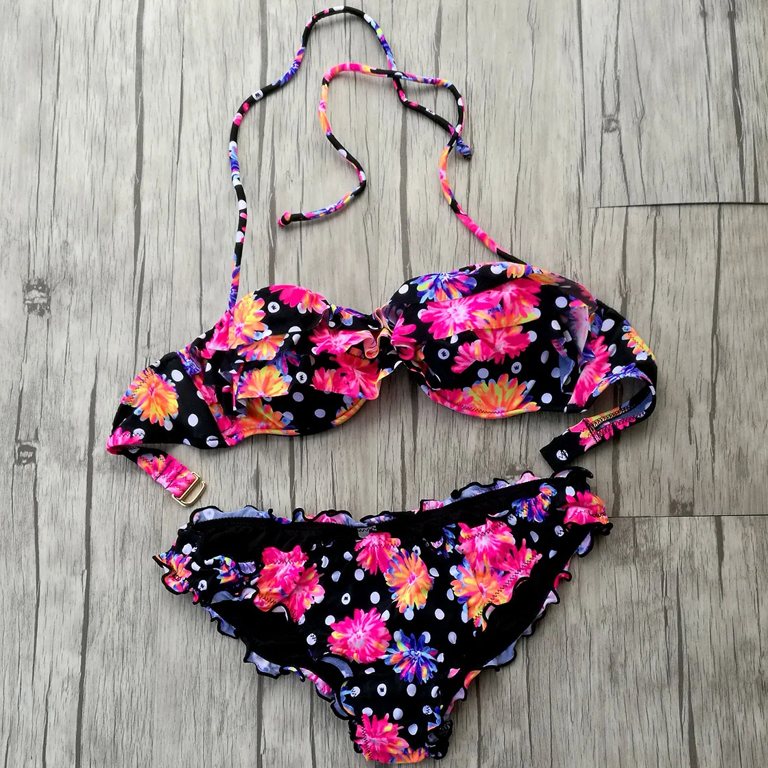 Women Bikini Black Red Flowers Printing Bra Sexy Swimsuit Sets Push Up