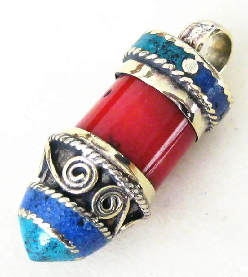 TBP297-Tibetan-Amulet-Nepal-Brass-Inlaid-Red-Bamboo-Coral-Bullet ...