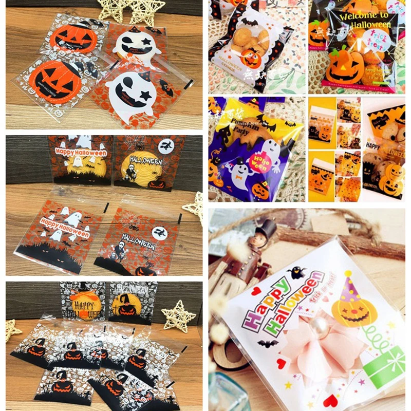 100pcs 10x10+3cm Happy Halloween Cookie Candy Bread Packaging Bags Self ...