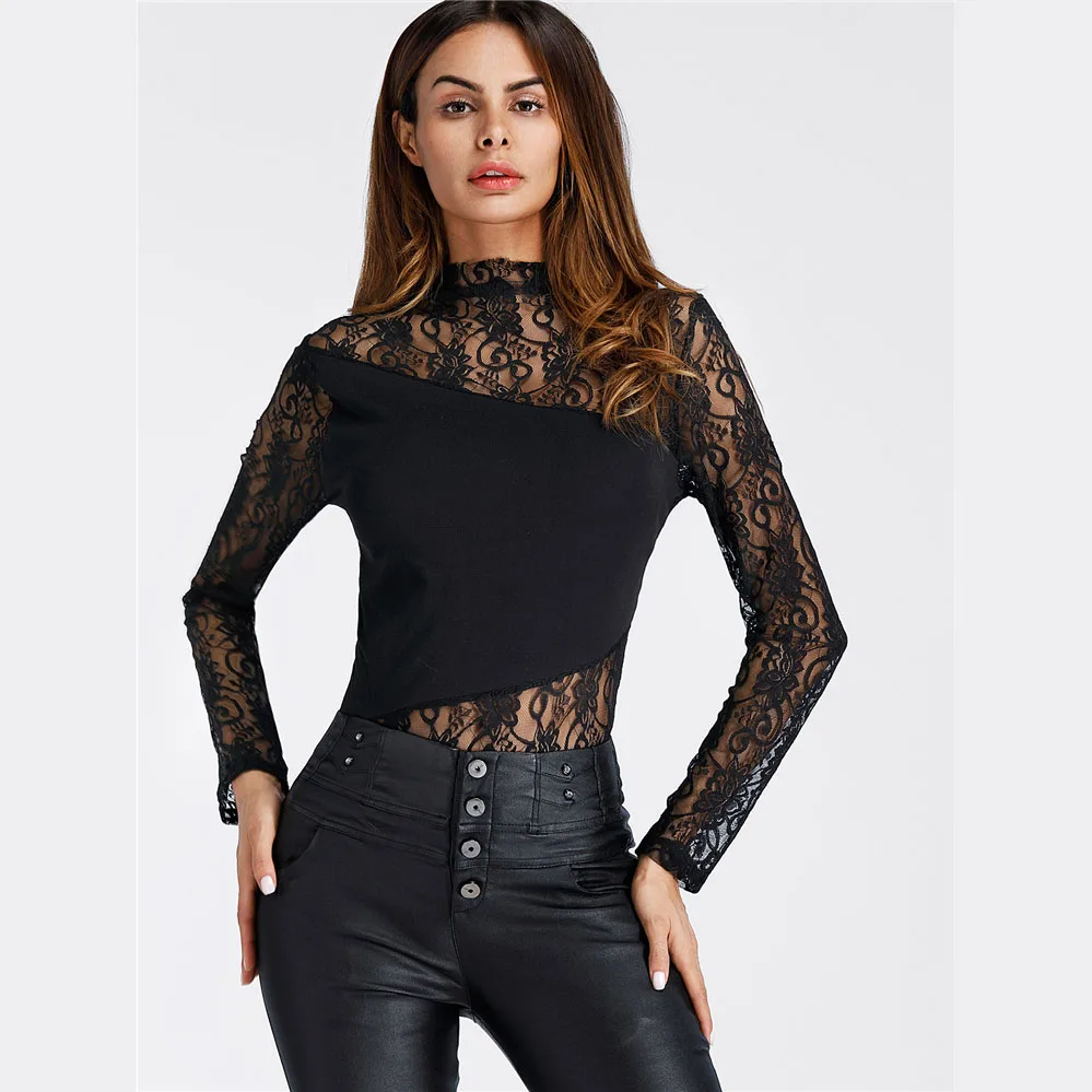 Women Lace Bodysuits Sexy Black One Piece Transparent Mesh Jumpsuits ...