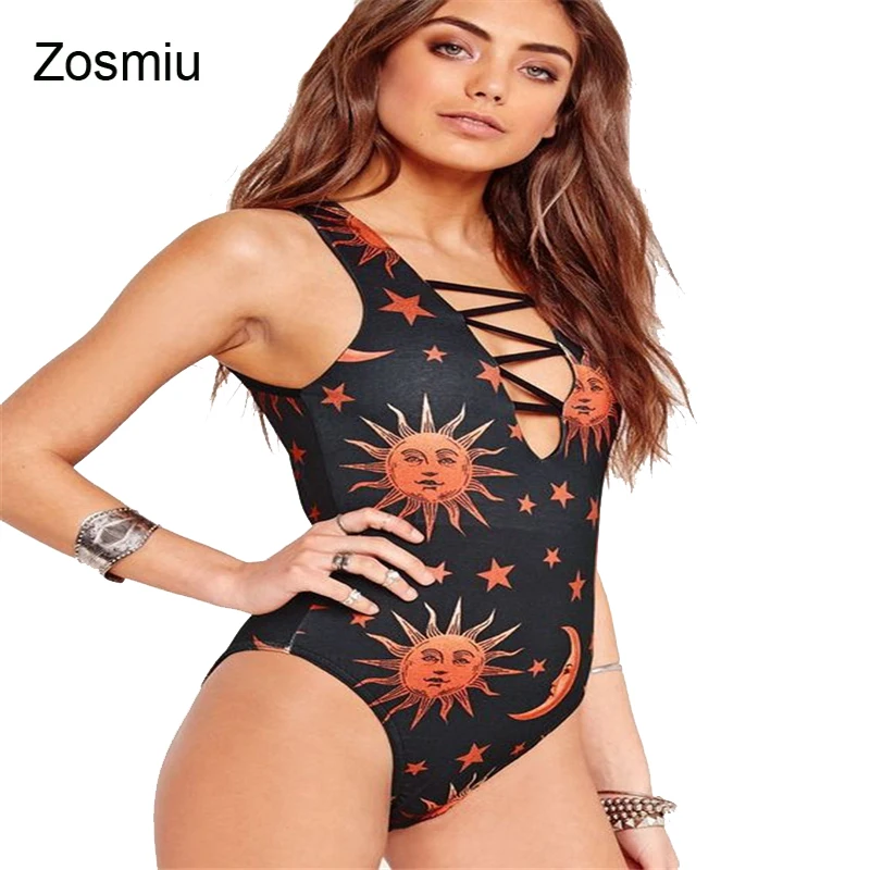 Zosmiu Sun Stars Moon Pattern One Piece Swimsuits Sexy Hollow Out Women