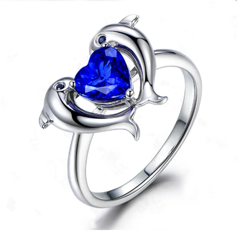 Simple Cute Silver Color Dolphin Rings Female Fashion Big Blue Red Crystal Zirconia Rings For ...