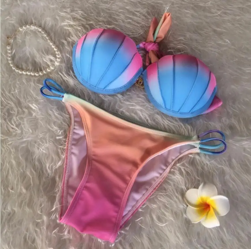 Cutest Design Shell Bikini Bandeau Gradient Color Bikini Set Underwire