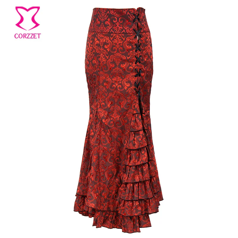 Vintage Victorian Red Brocade Ruffle Maxi Skirt Sexy Fishtail Slim Lace ...