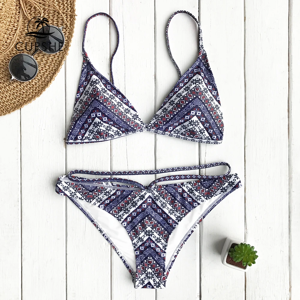 Cupshe Geometric Print Bikini Set Women Slim Tie Back Thong Bikini
