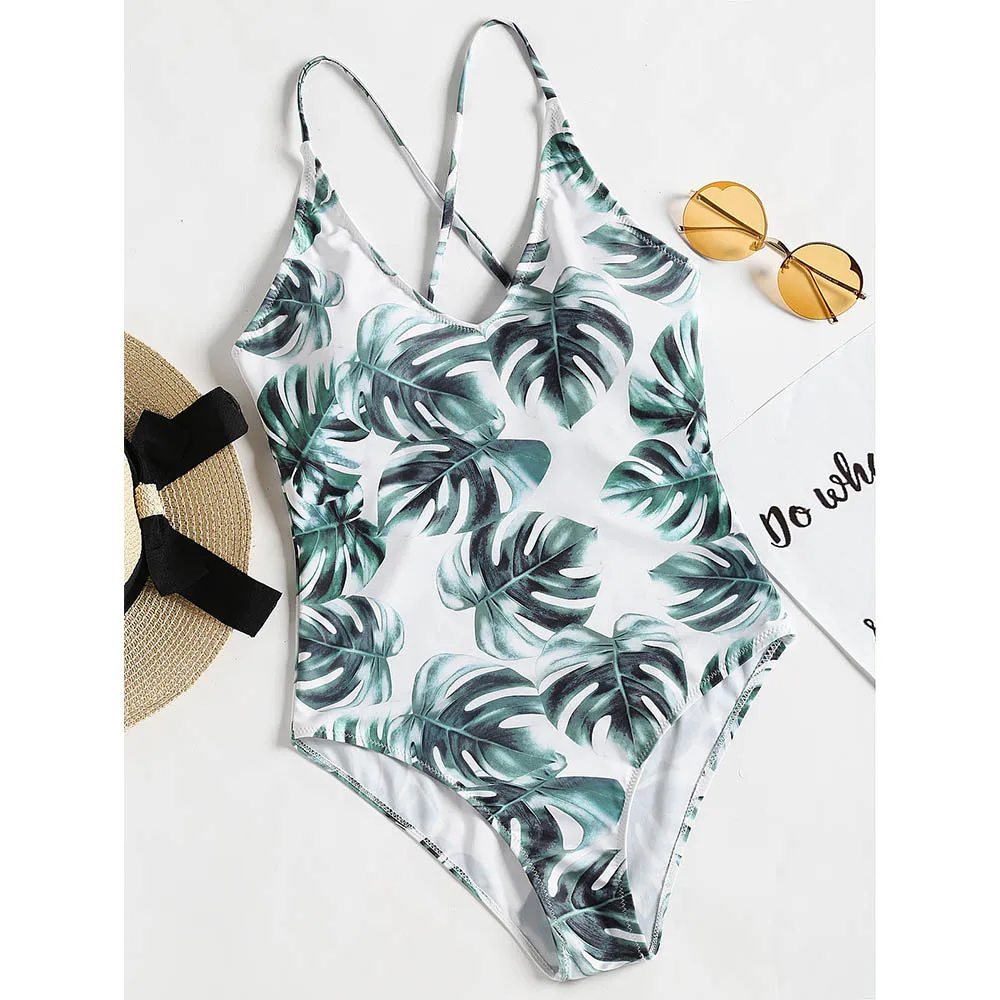 Palm Leaf One Piece Swimsuit High Leg Swimsuit Spaghetti Strap Swimwear