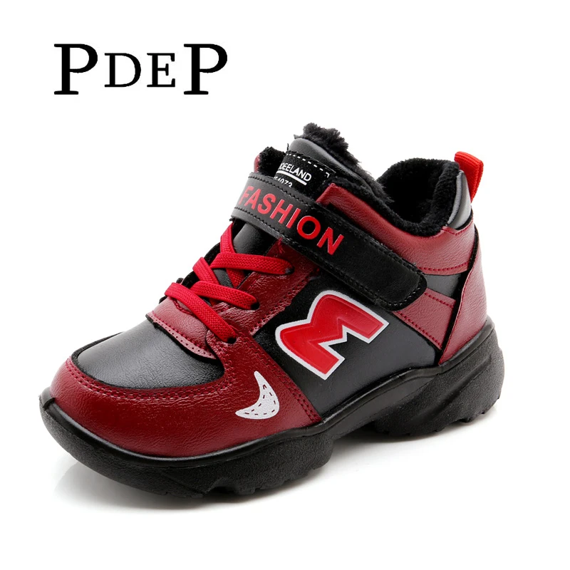 PDEP School Boy Winter Casual Sneakers Shoes Warm Kids Black Red Casual ...