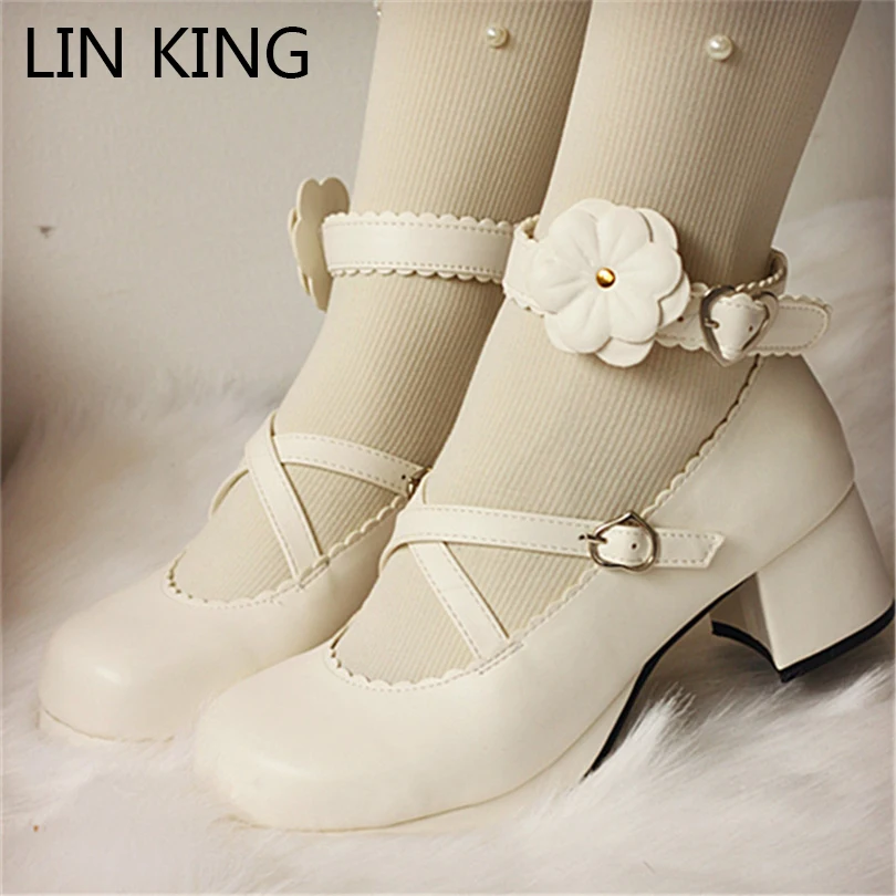LIN KING Cosplay Maid Shoes Solid Leather Women Pumps Round Toe ...