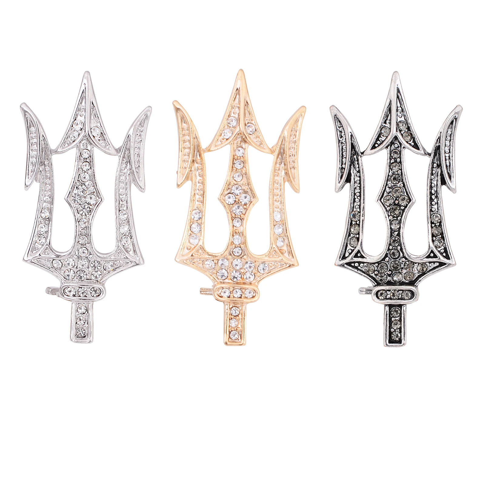 ICEYY Vintage Gold Tone Austrian Crystal Carved Trident Pin Brooch ...