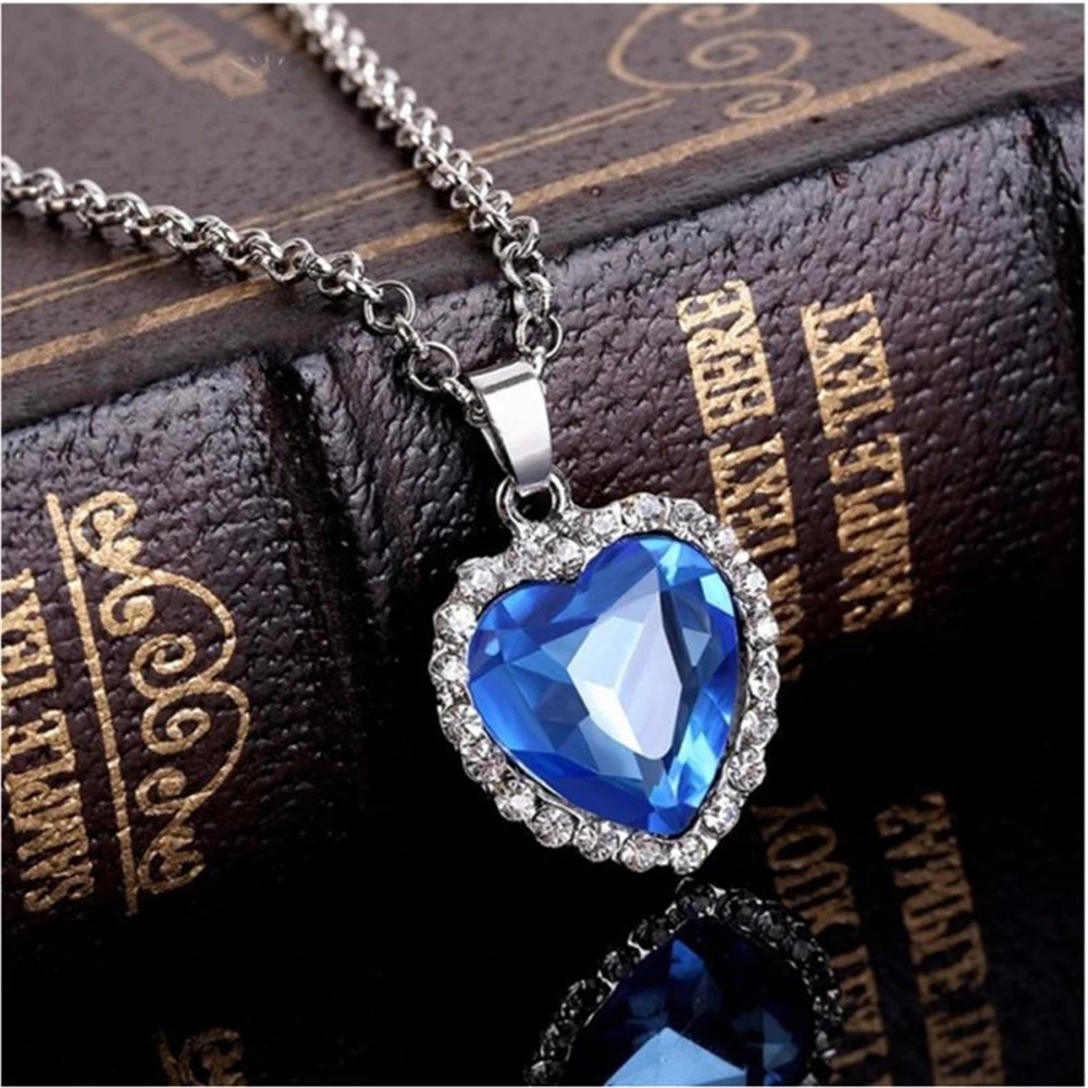Big Blue Heart Rhinestone Pendant Necklace for Women Charming Wedding ...