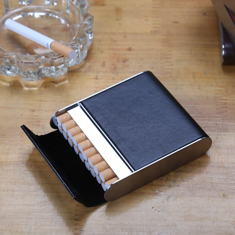 Cigarette Case Leather Tobacco Holder Thin Aluminum Metal Cigarette Box ...