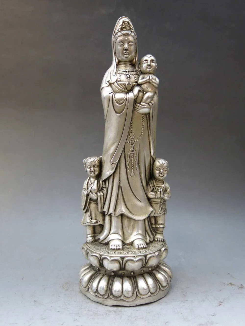 China silver handwork carved buddhism Kwan yin blessing boy fine ...