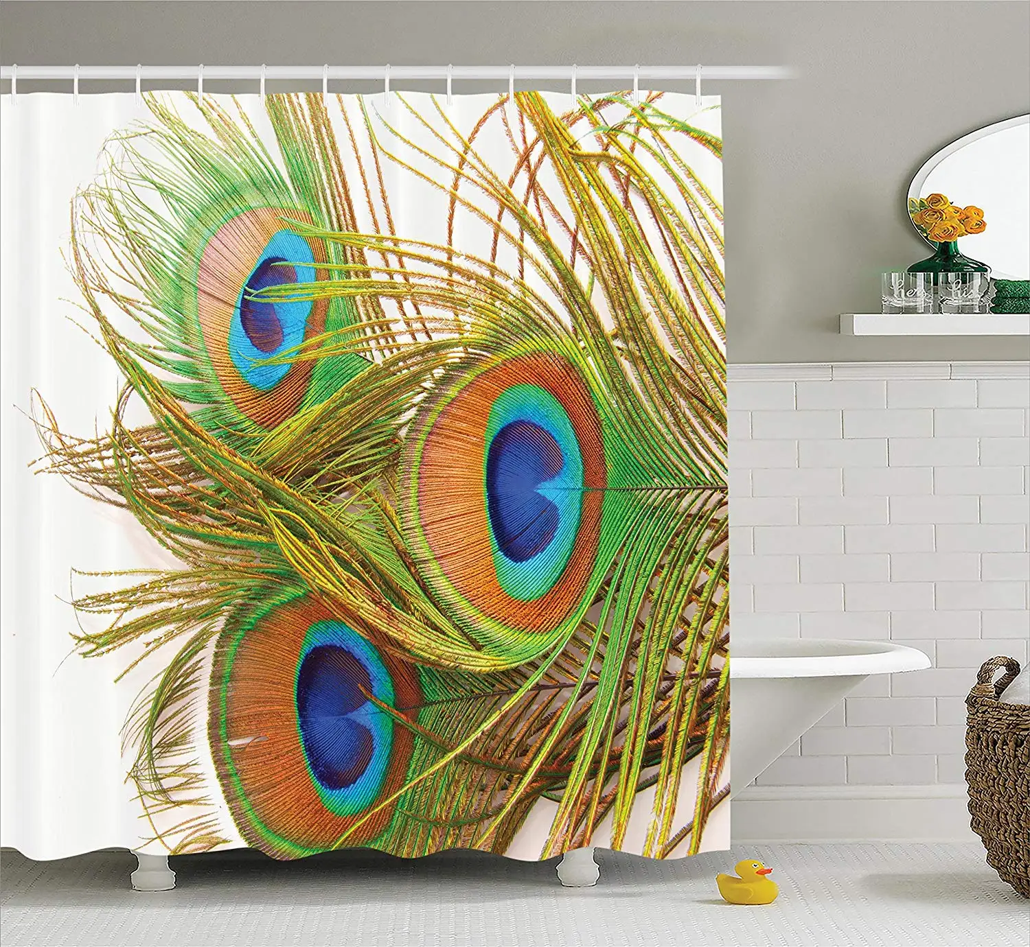 Peacock Decor Shower Curtain Peacock Feathers Modern Spring Leaves Forest Trees Classic Plumage