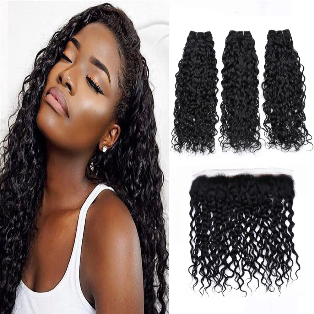 Brazilian Water Wave Bundles With Frontal 100 Human Hair 2 3 Bundles