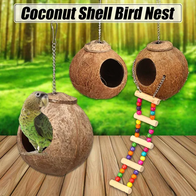 Natural Coconut Shell Bird Nest House Hut Cage Feeder Pet Parrot with ...