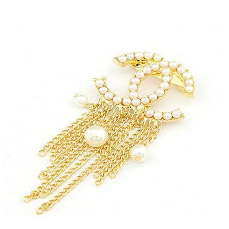 Elegant Pearl Letter Charm Metal Tassel Brooches Girls Women Men ...