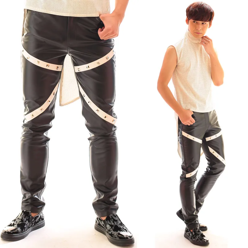 Fashion Personality Nightclub Male Singer Dj Rivet Black Leather Pants ...