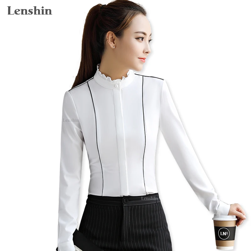 Lenshin Stand Collar Shirt Female White Blouses Elegant Women Wear Long
