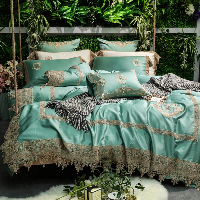 Green White Luxury 80s Egyptian Cotton Royal Gold Lace Embroidery