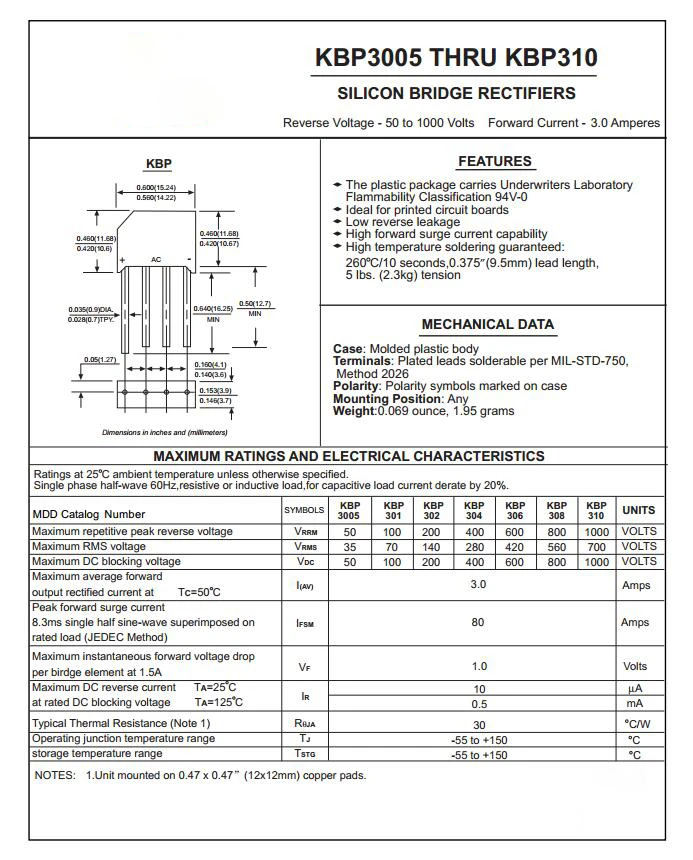 KBP307 Bridge Rectifier 3A 700V- Molded plastic body.