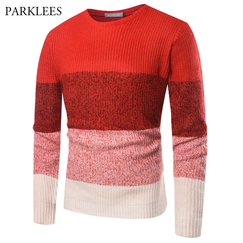 Fashion Striped Red Sweater Men Gradient Patchwork Mens Knitted ...
