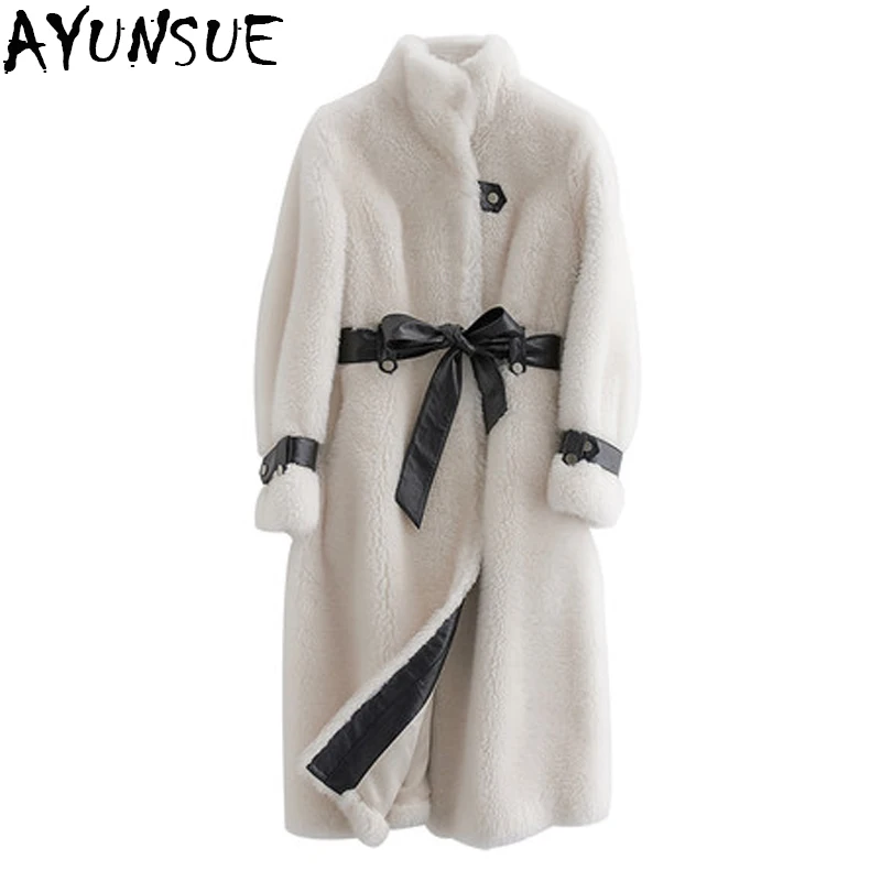 Ayunsue casaco de pele real das mulheres ovelhas shearing casaco feminino inverno quente 100% lã ...